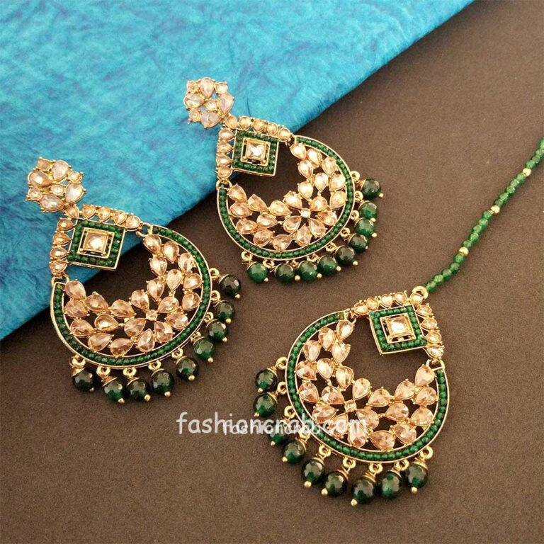 Peach Pearl Polki Maang Tikka Set with Earring for Wedding ...