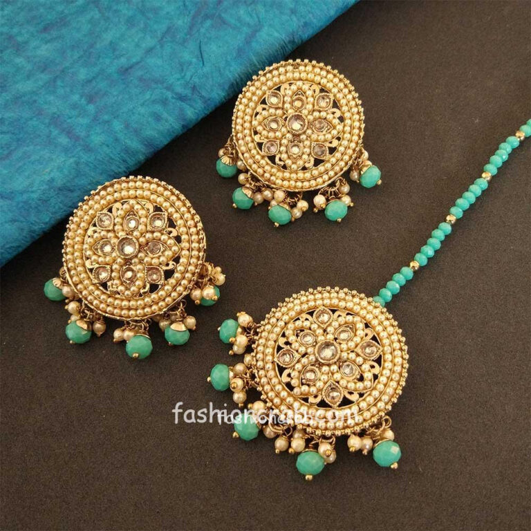 Round Sea Green Color Maang Tikka Set with Earring for Women ...