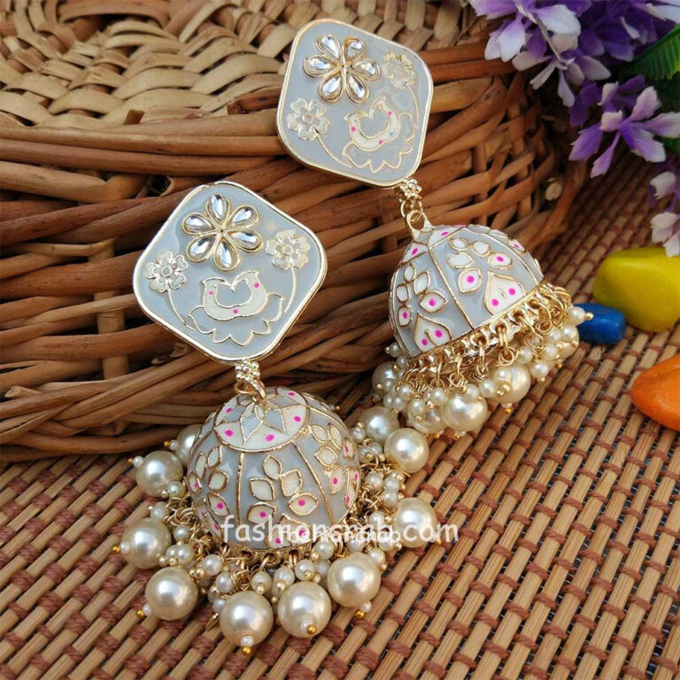 Traditional Pearl Jhumka Earrings - Green Yellow | FashionCrab.com