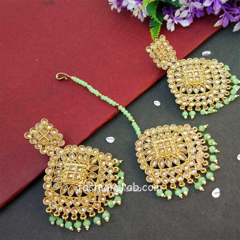 Light Green Pearl Polki Maang Tikka Set with Earring for Wedding ...