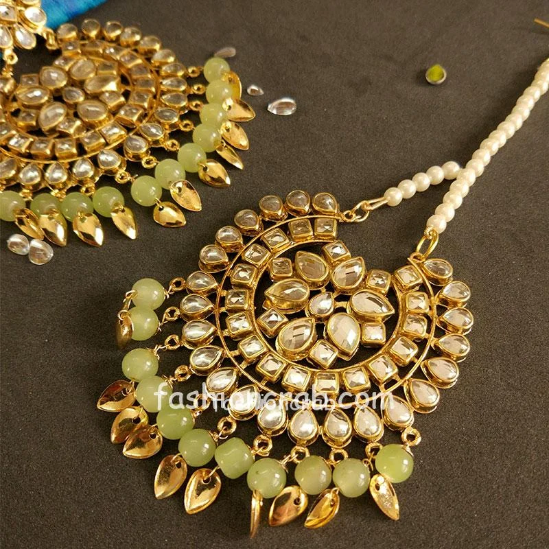 Lime Green Color Punjabi Earrings with Tikka | FashionCrab.com