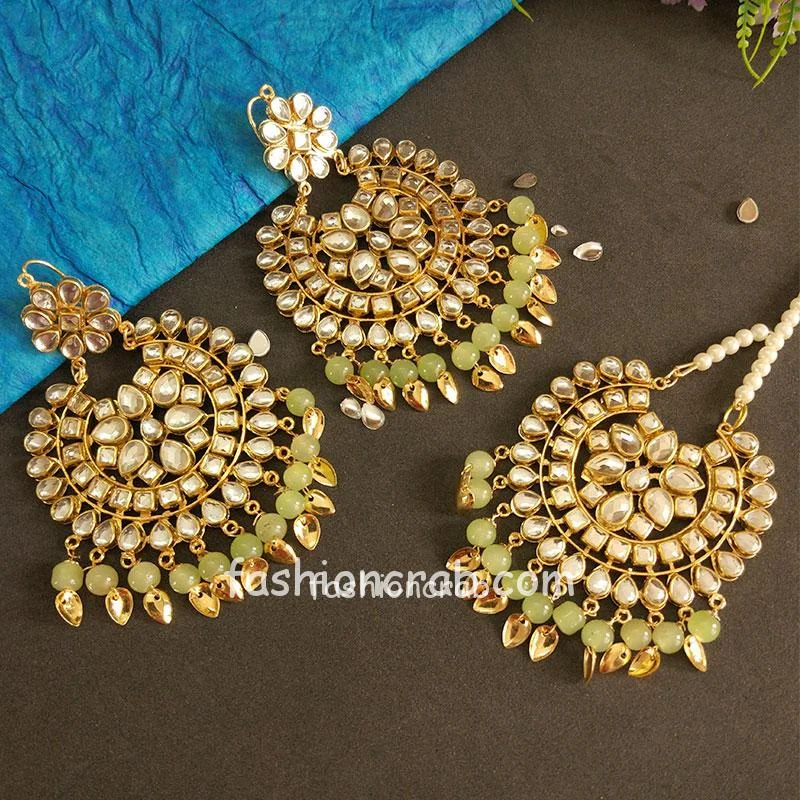 Lime Green Color Punjabi Earrings with Tikka | FashionCrab.com