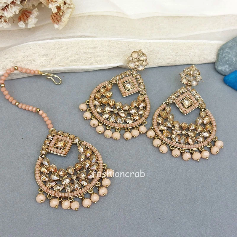 Maang Tikka Set with Earring - Peach | FashionCrab.com