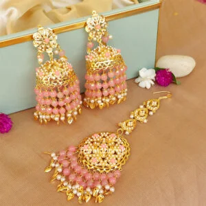 Light Pink Heavy Jadau Jhumka Earrings for Punjabi Suit FashionCrab