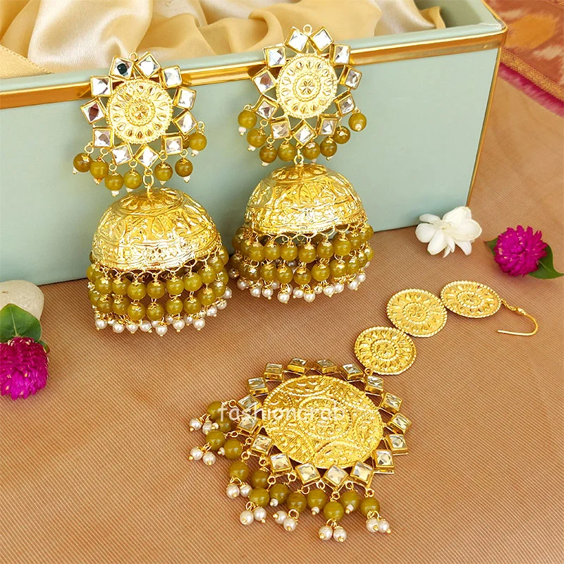 Olive Green Big Punjabi Traditional Earrings with Tikka | FashionCrab.com