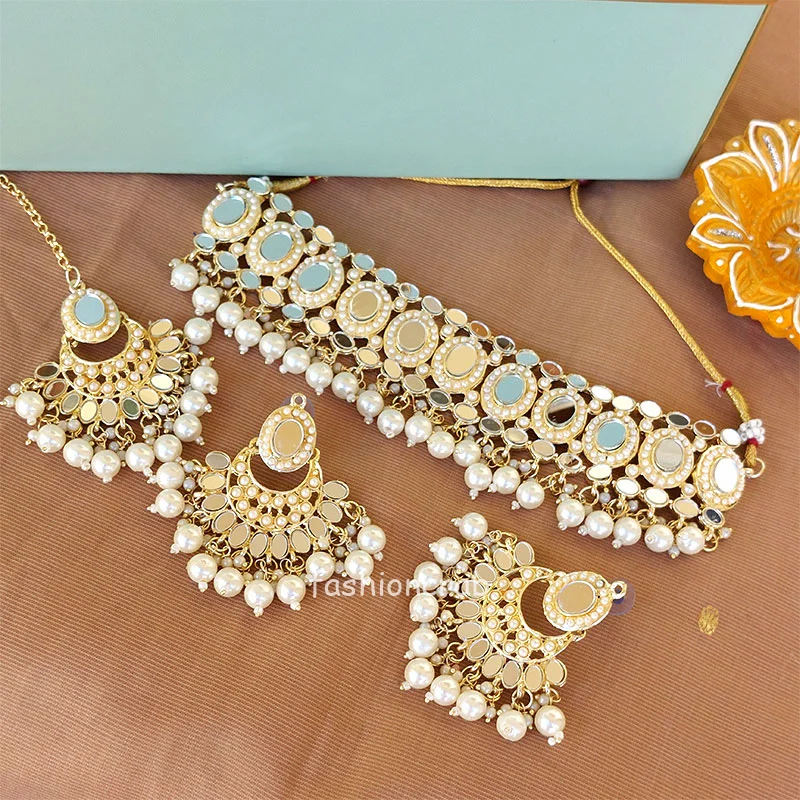 White Pearl Mirror Choker Set for Women | FashionCrab.com