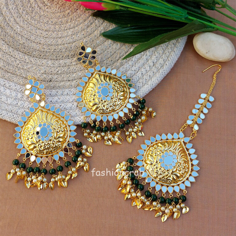 Ethnic Pipal Patti Mirror Maangtikka with Earring Set - Dark Green ...