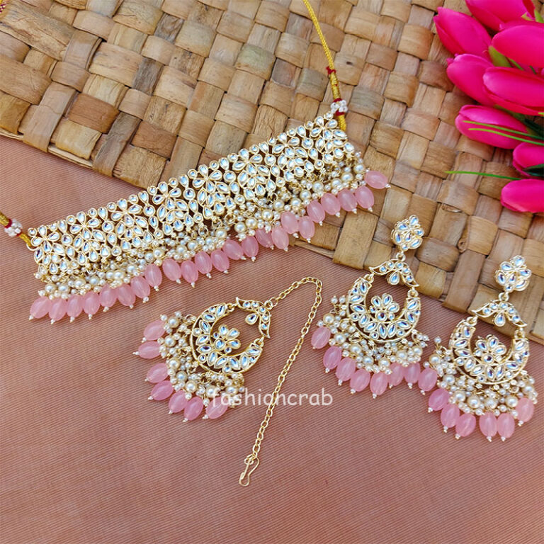Punjabi Pink Pearl Pipal Patti Set for Bride | FashionCrab.com