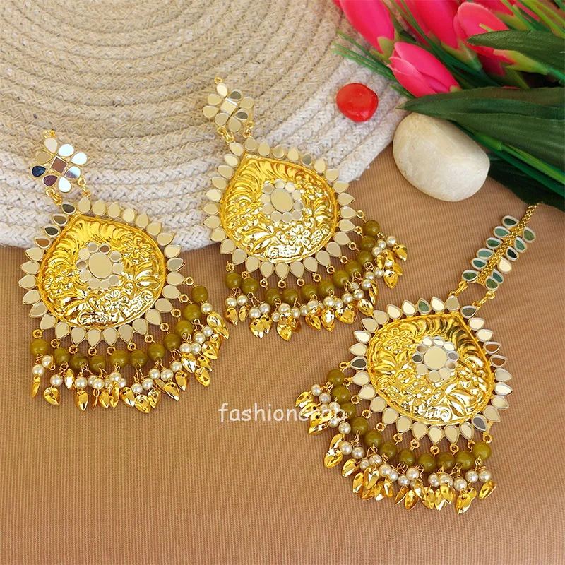 Ethnic Pipal Patti Mirror Maangtikka with Earring Set - Olive Green ...