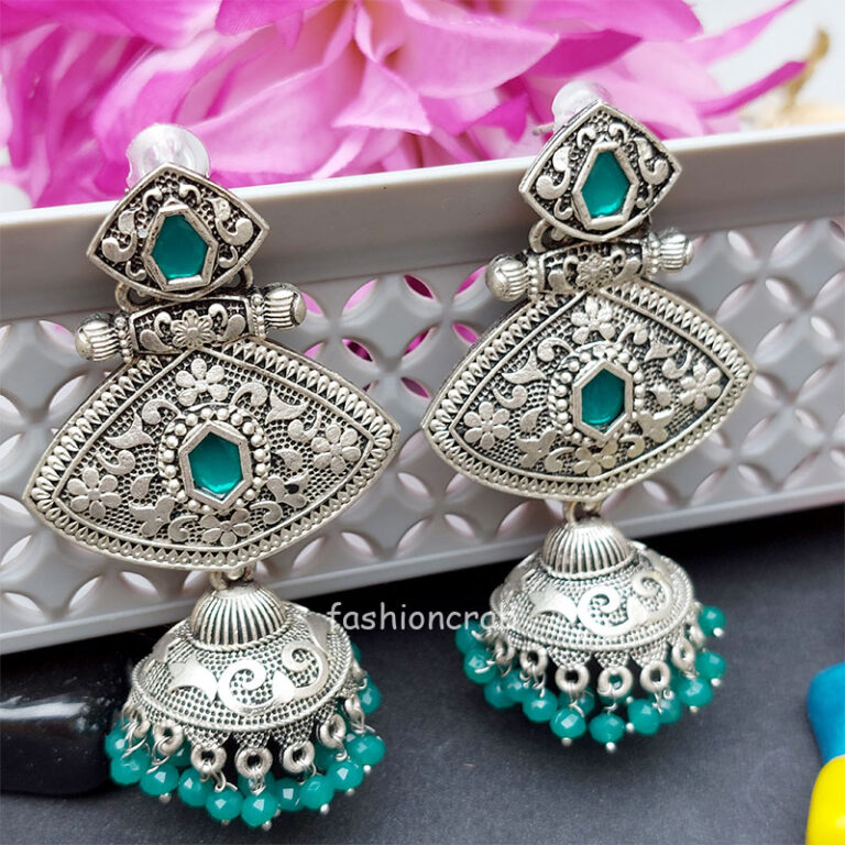 Green Stone Silver Look Alike Jhumka | FashionCrab.com