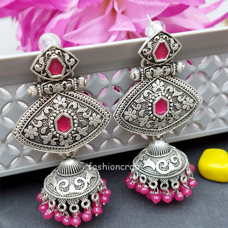 Pink Stone Silver Look Alike Jhumka | FashionCrab.com