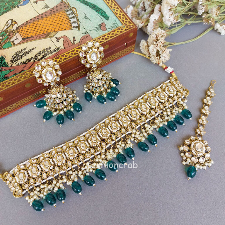 Green Color Kundan Jewellery Set for Lehenga | FashionCrab.com