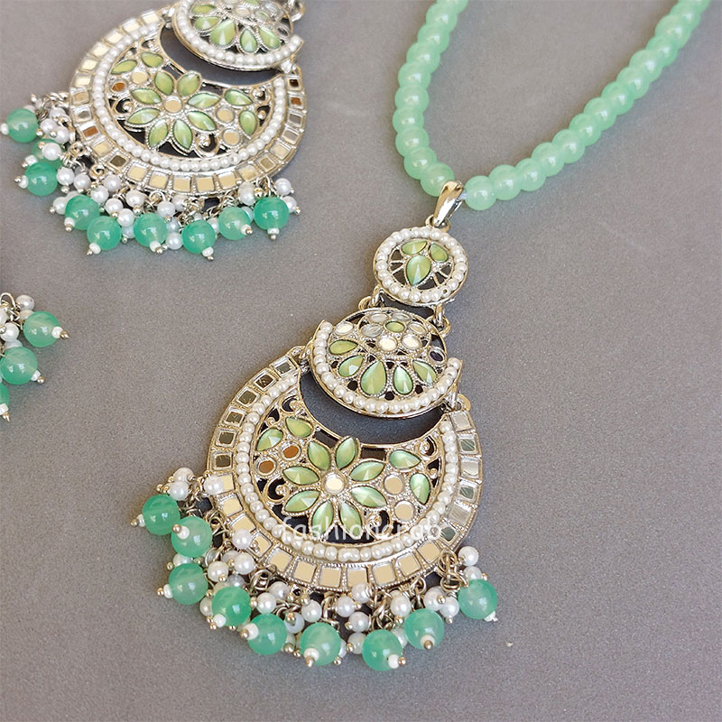 Sea Green Color Mirror Pearl Mala Set | FashionCrab.com