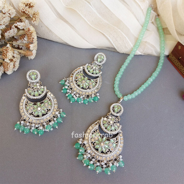 Pink Green Pearl and Kundan Jewellery Set | FashionCrab.com