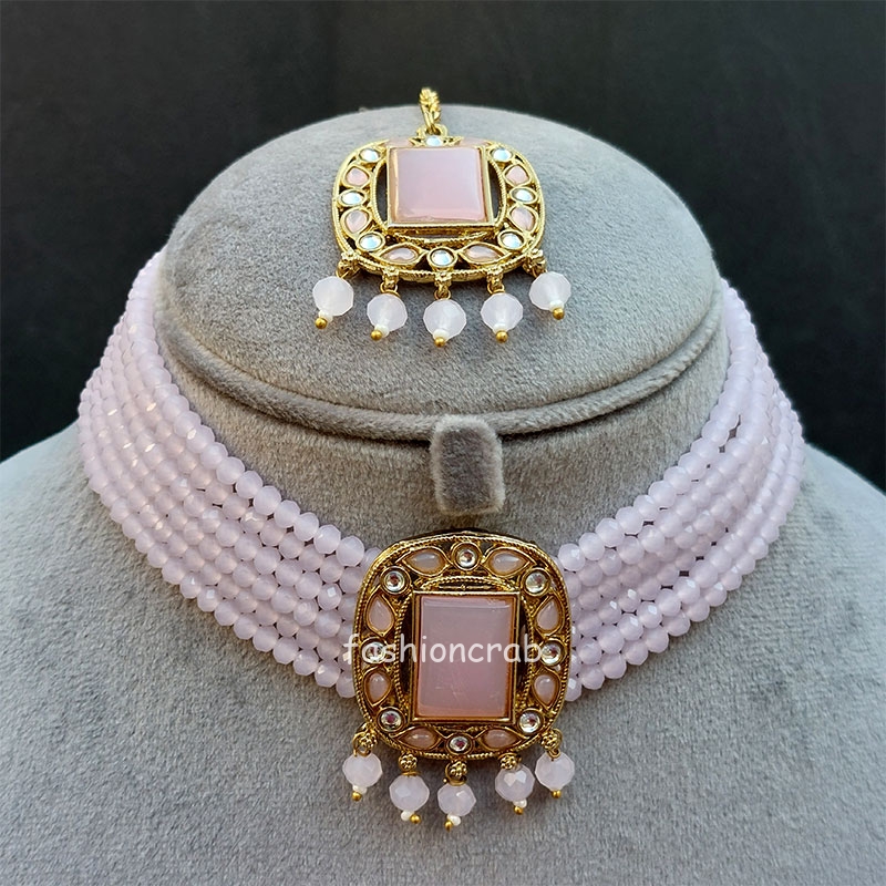 Dia Choker Necklace Set - Light Pink | FashionCrab.com