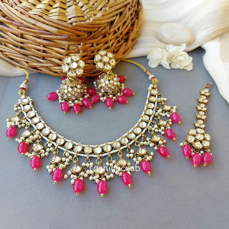 Katrina Kundan Jewellery Set - Pink | FashionCrab.com
