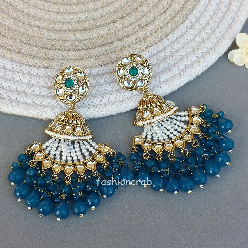 Sameera Chandbali Earrings Peacock Blue FashionCrab